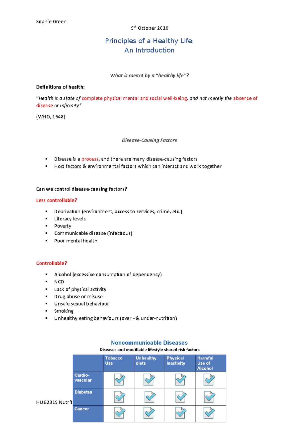 Principles of a Healthy Life - lecture notes - 9 th October 2020 ...