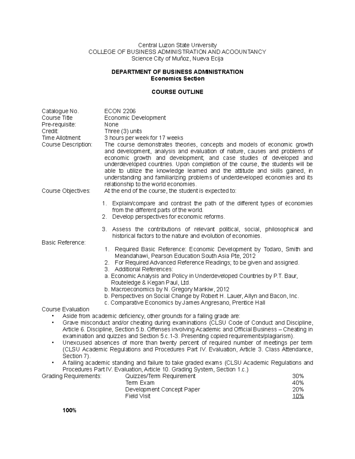 Econdev Outline 1 - Nature and Causes of Economic Development - Central ...