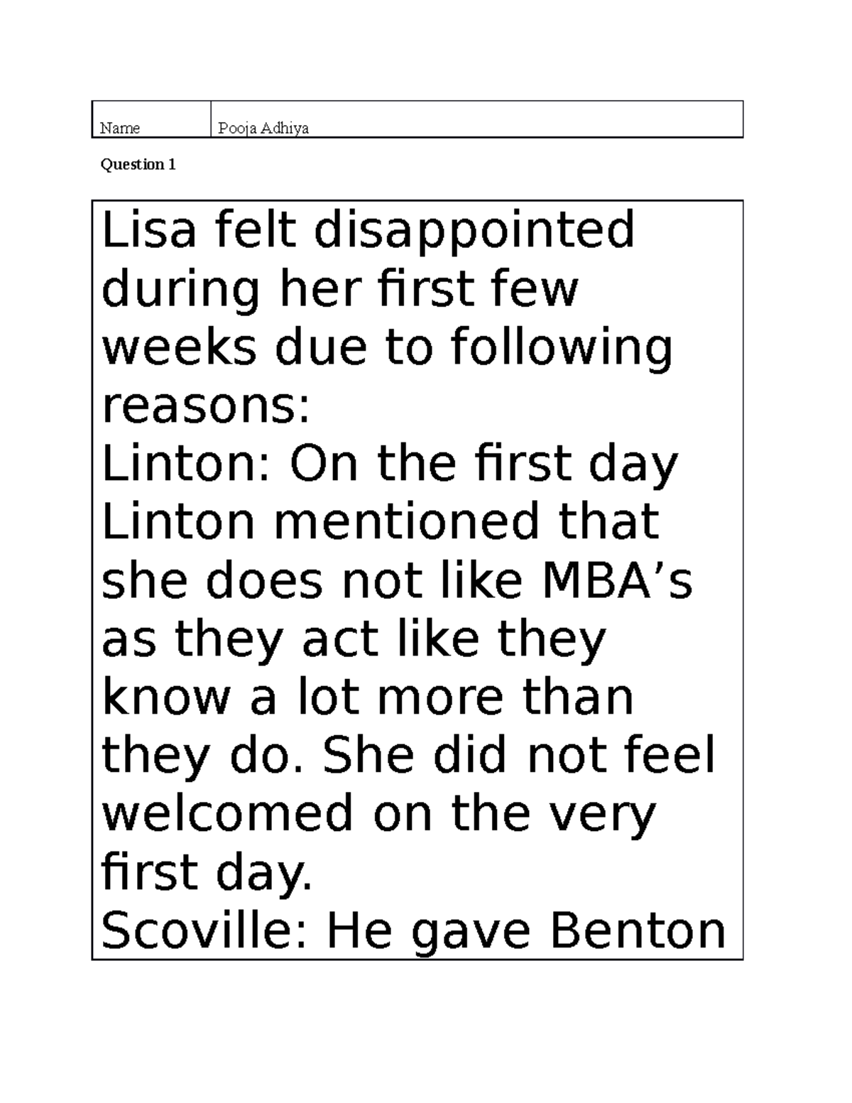 IMT Lisa Benton Pooja Adhiya - Name Pooja Adhiya Question 1 Lisa felt disappointed during her ...