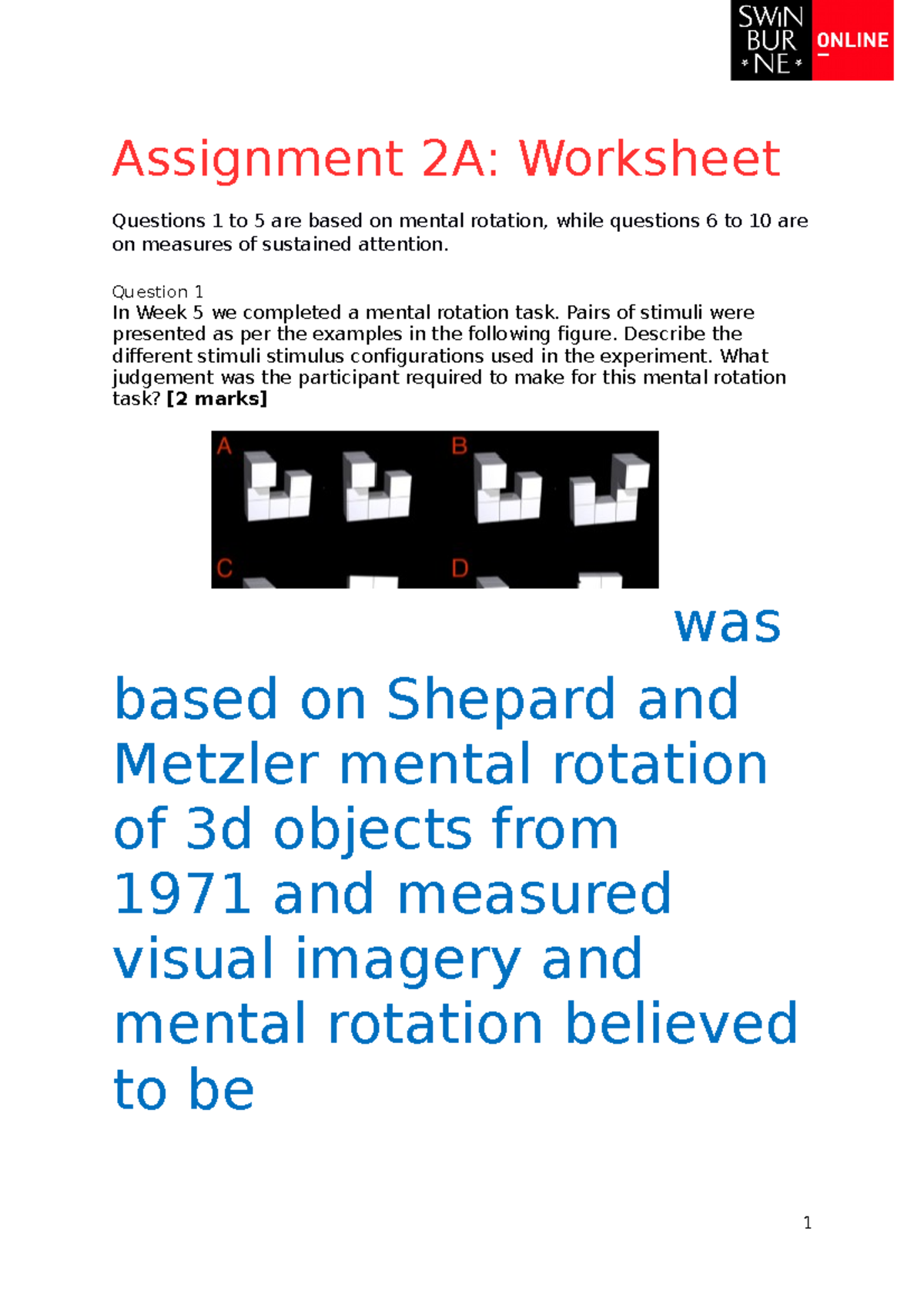 Assignmnet 2a worksheet 73% - Assignment 2A: Worksheet Questions 1 to 5 ...