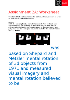 PSY2000 6 Assignment 2A Worksheet - Assignment 2A: Worksheet Questions 1 to 5 are based on ...