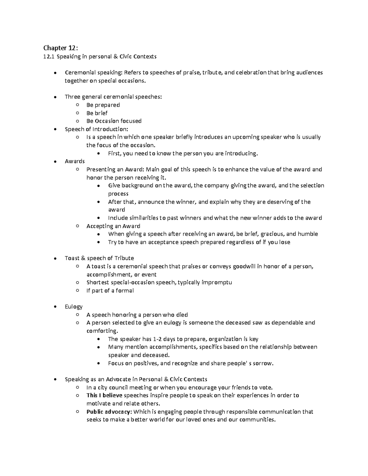 Chapter 12 COMM - Chapter 12: 12 Speaking in personal & Civic Contexts ...