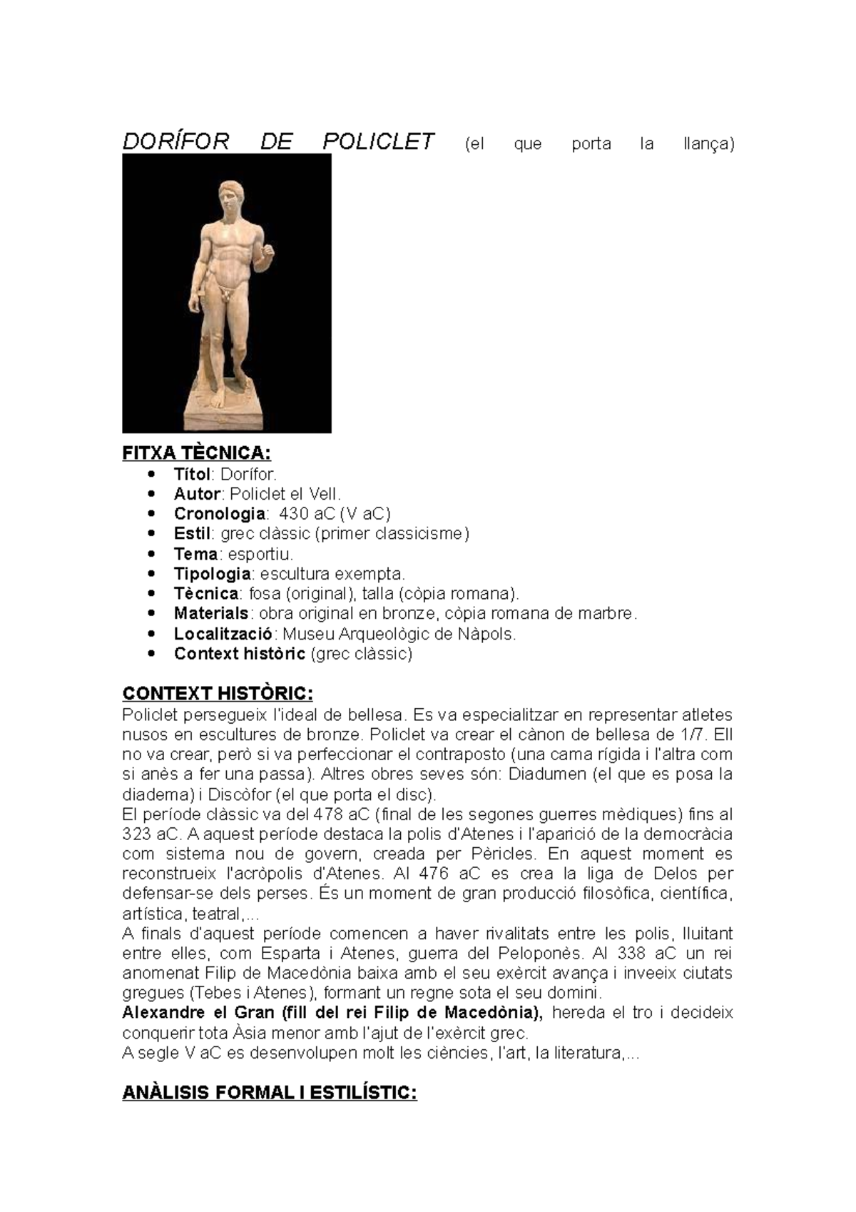 Dorífor DE Policlet - DORÍFOR DE POLICLET (el que porta la llança ...