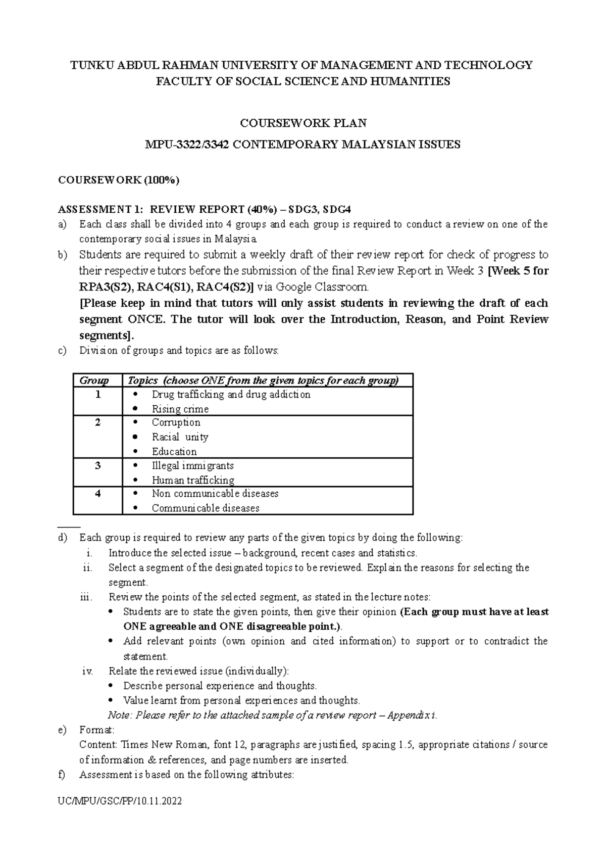 202209 Coursework Plan CMI latest - TUNKU ABDUL RAHMAN UNIVERSITY OF ...