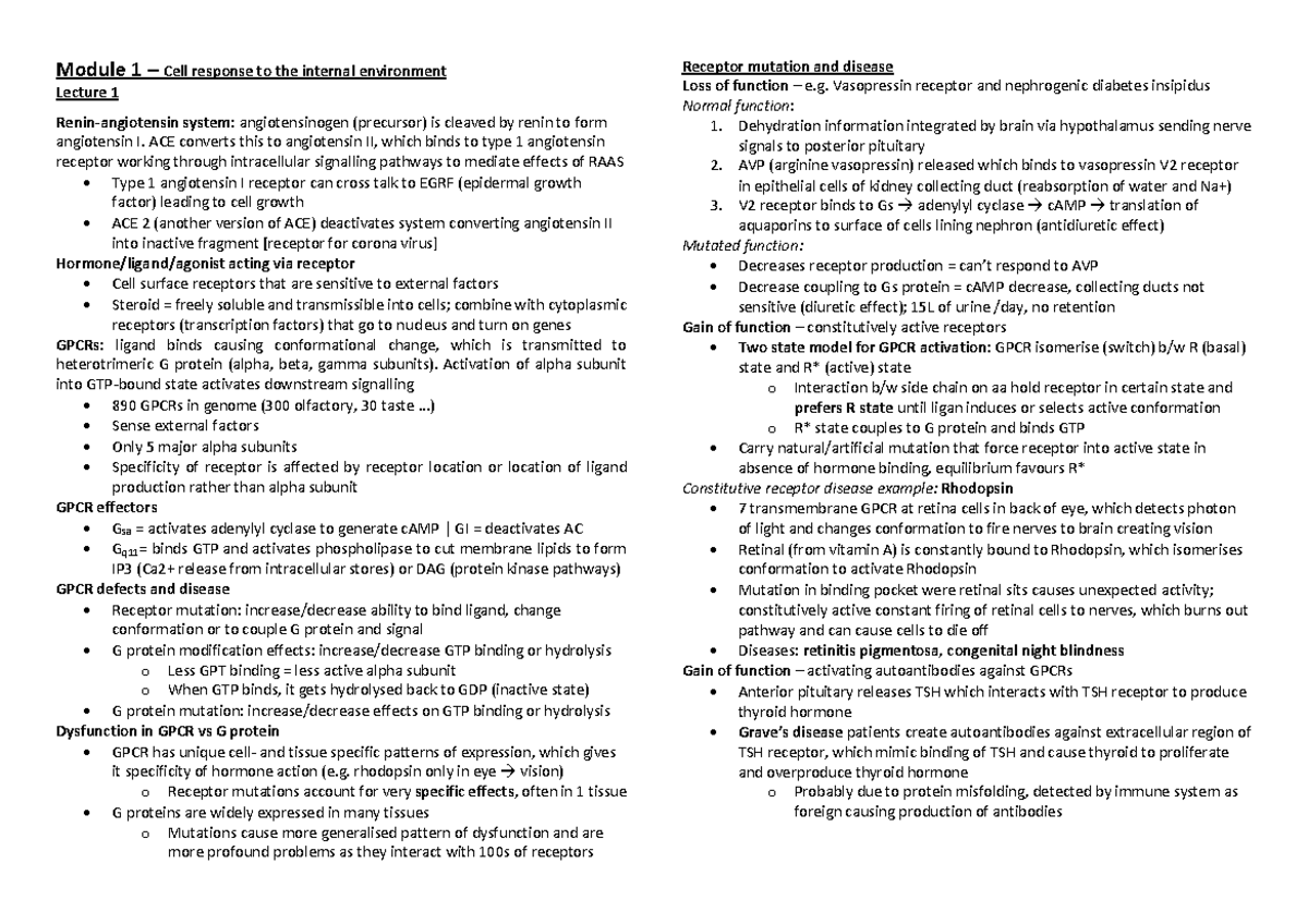 BIOM3014 Final exam notes - Module 1 – Cell response to the internal ...