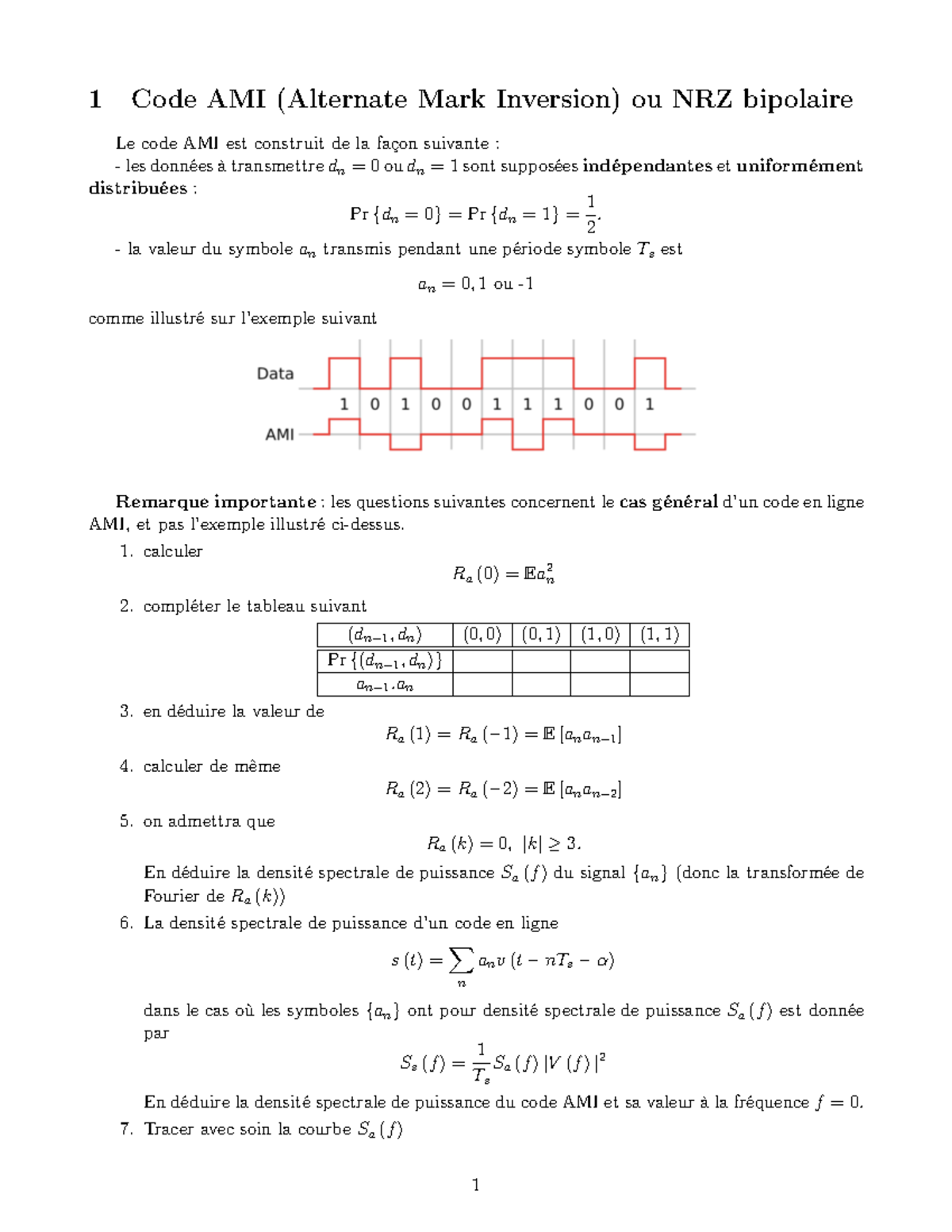 AMI - reseaux et telecoms - 1 Code AMI (Alternate Mark Inversion) ou ...