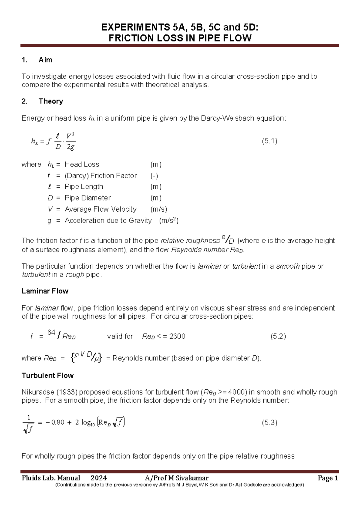ENGG252 Fluids Lab Manual 2024 Exp-5 Pipe flow - FRICTION LOSS IN PIPE ...