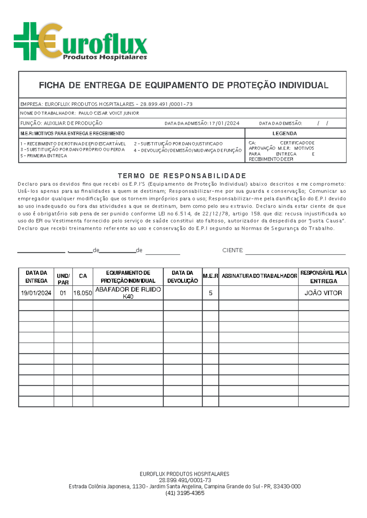 Termo DE Responsabilidade DE Retirada EPI - EUROFLUX PRODUTOS ...