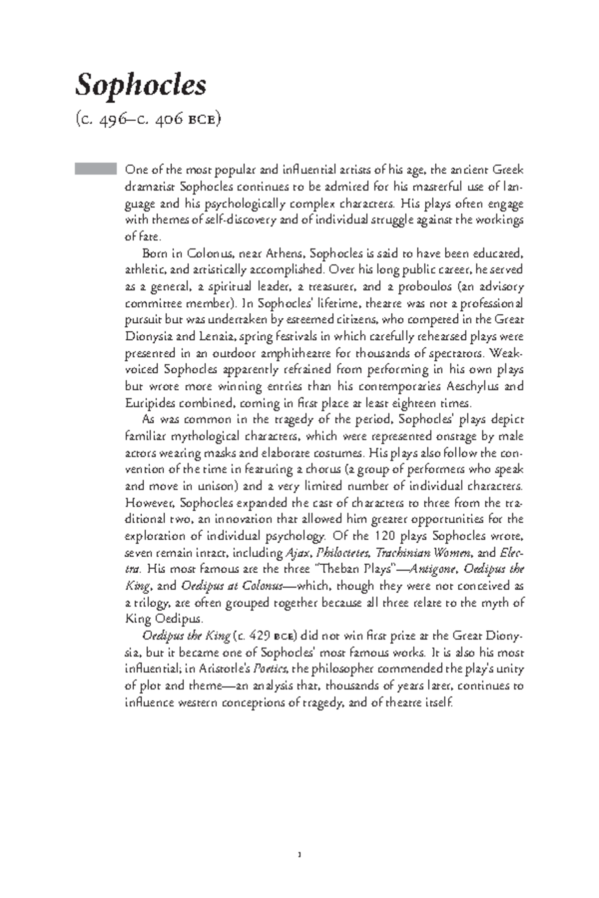 Sophocles - Course reading - 1 Sophocles (c. 496–c. 406 bce) One of the ...