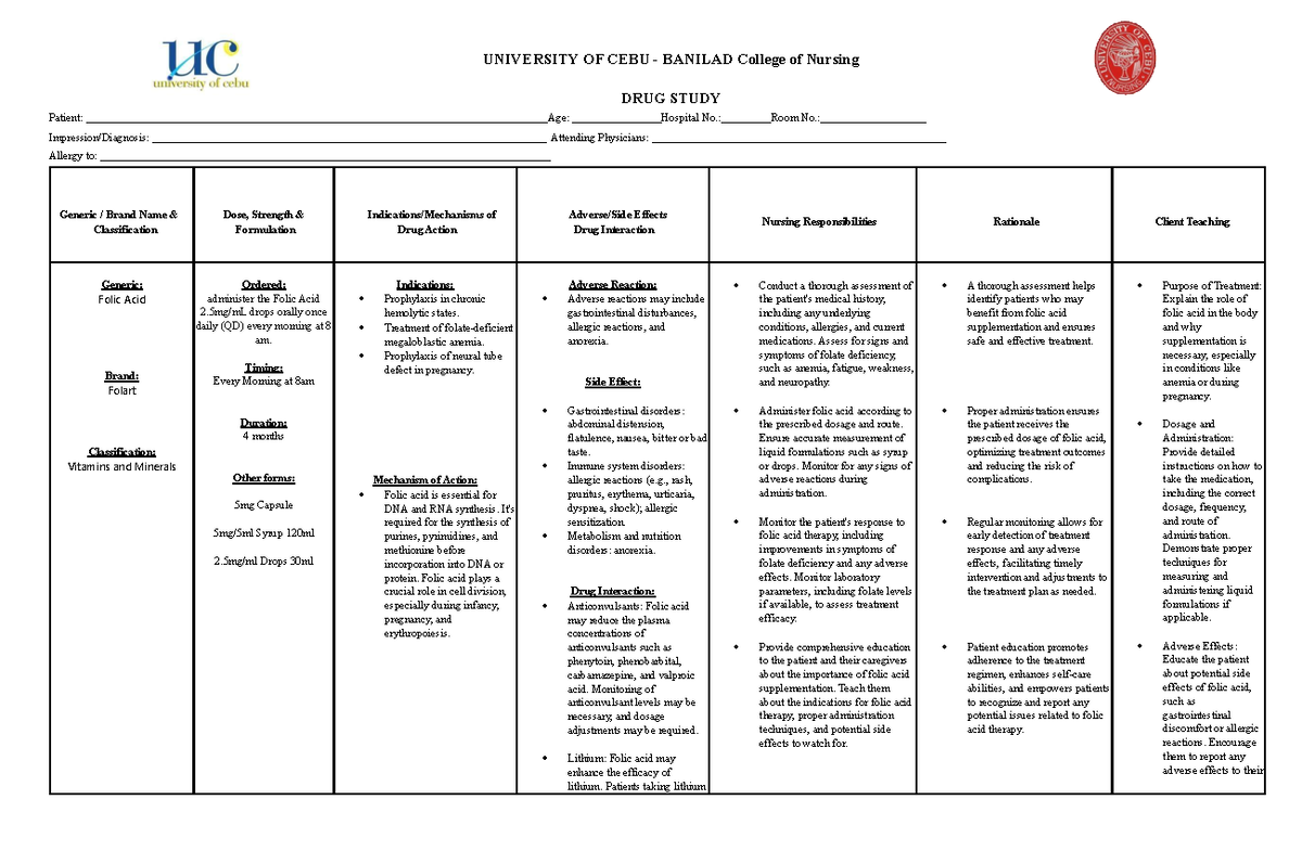 DRUG Study - Folic Acid - Folart - UNIVERSITY OF CEBU - BANILAD College ...