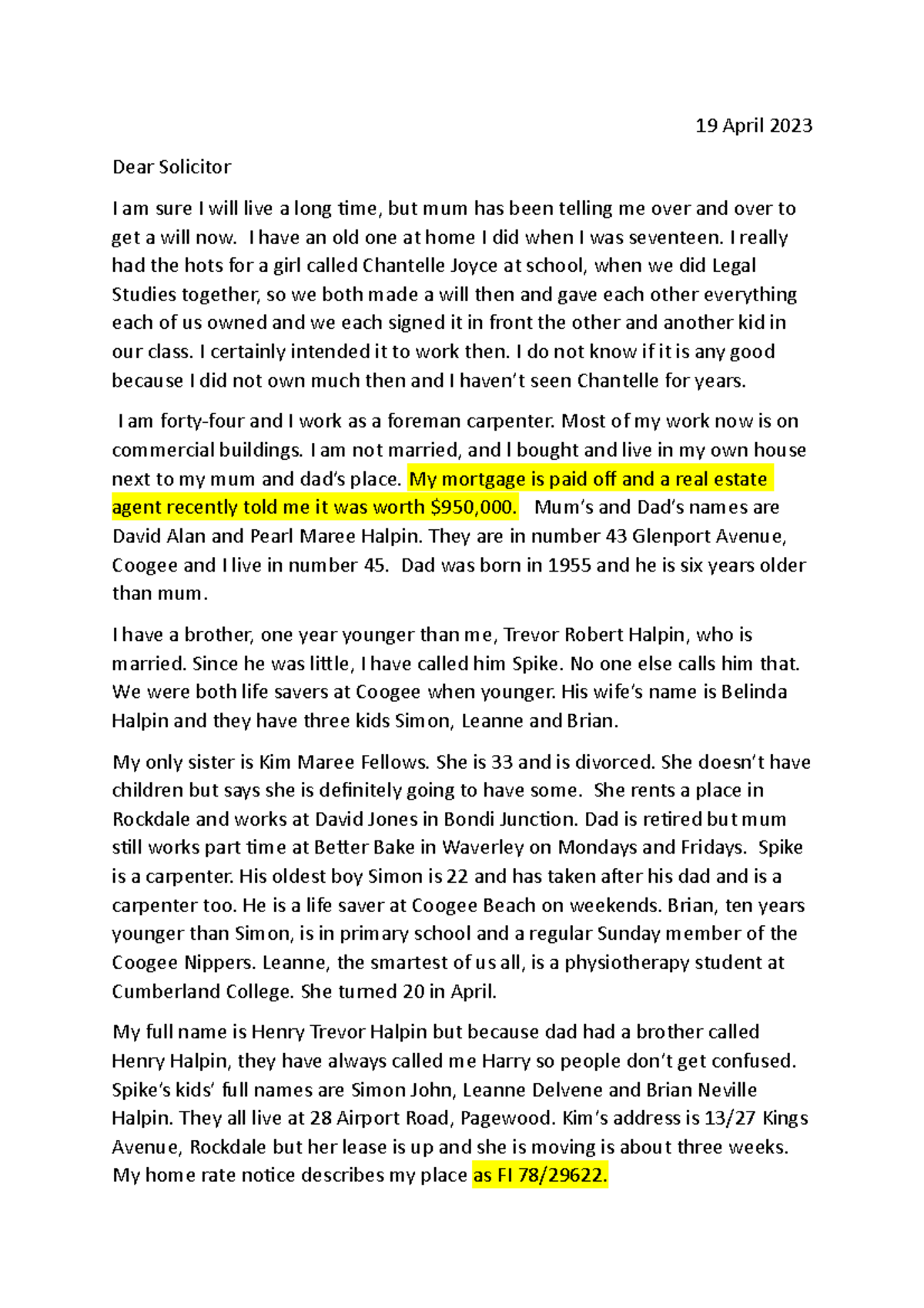 Succession Law Autumn 2023 - Final assignment - Letter from Client - 19 ...