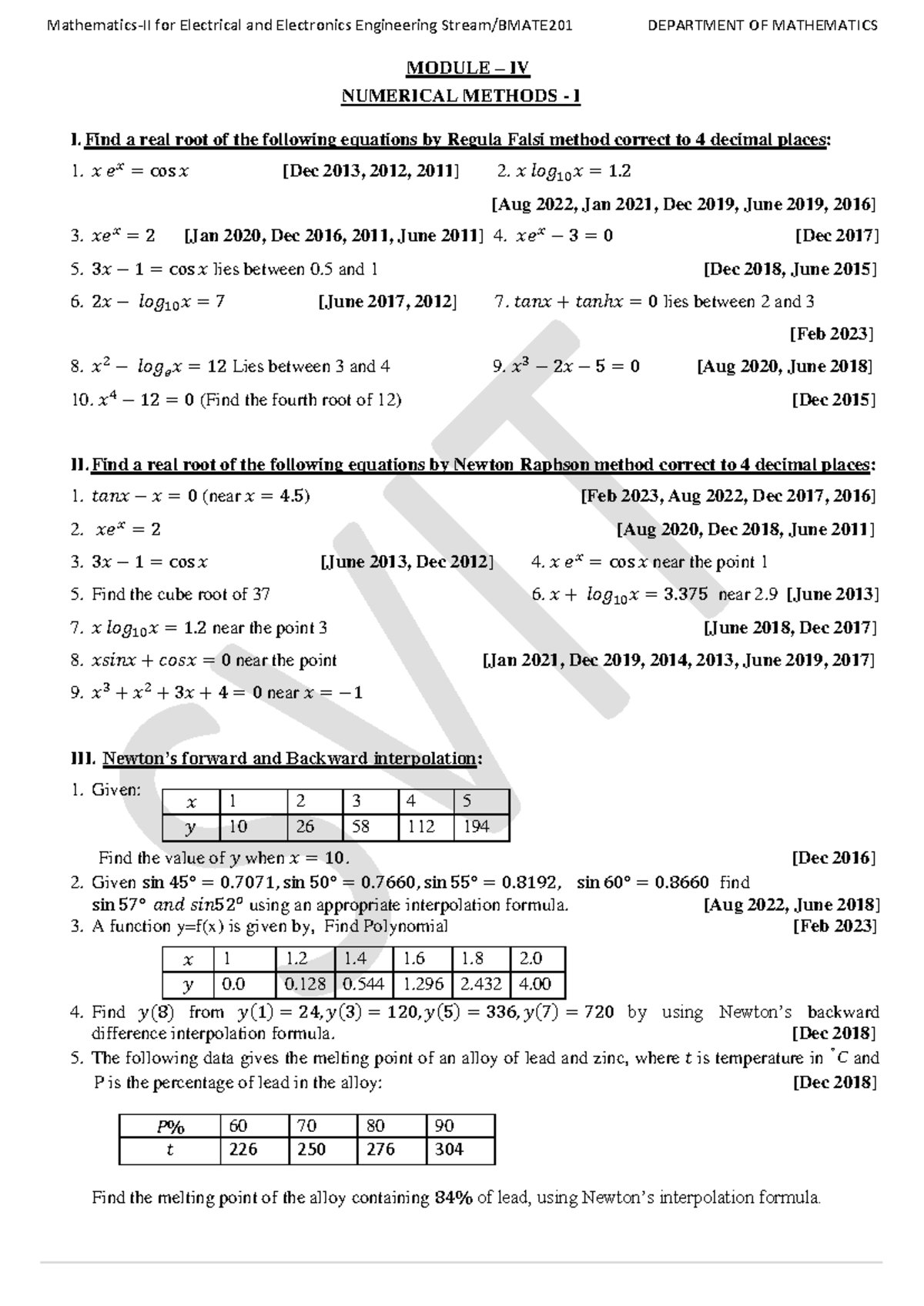 Module IV - Numerical Methods - I - MODULE – IV NUMERICAL METHODS - I I. Find a real root of the ...