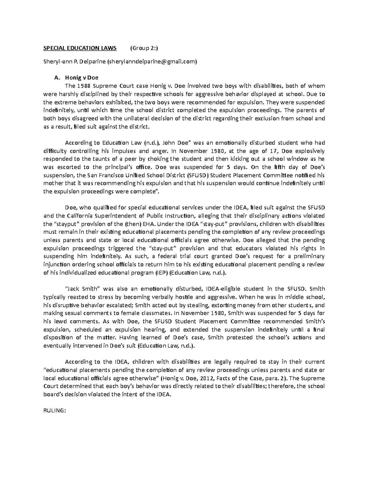 Special Education Law - A. Honig v Doe The 1988 Supreme Court case ...