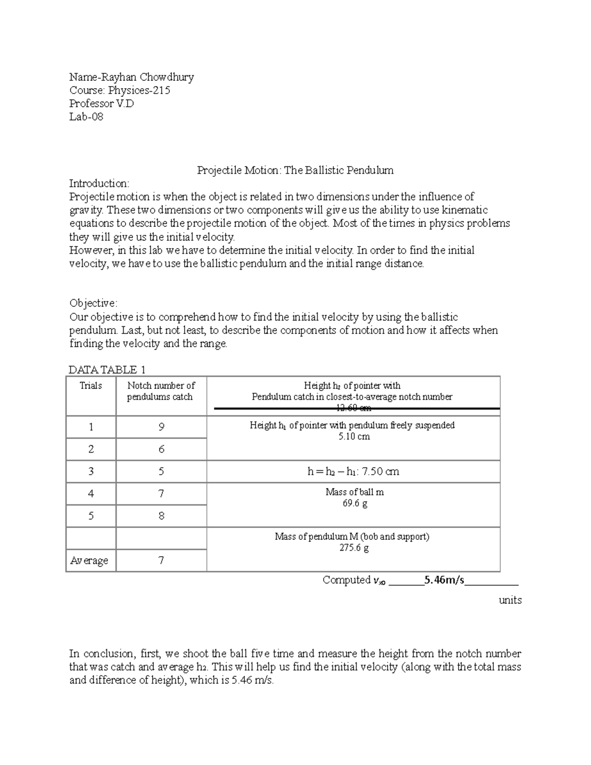 Projectile Motion: The Ballistic Pendulum - Name-Rayhan Chowdhury ...
