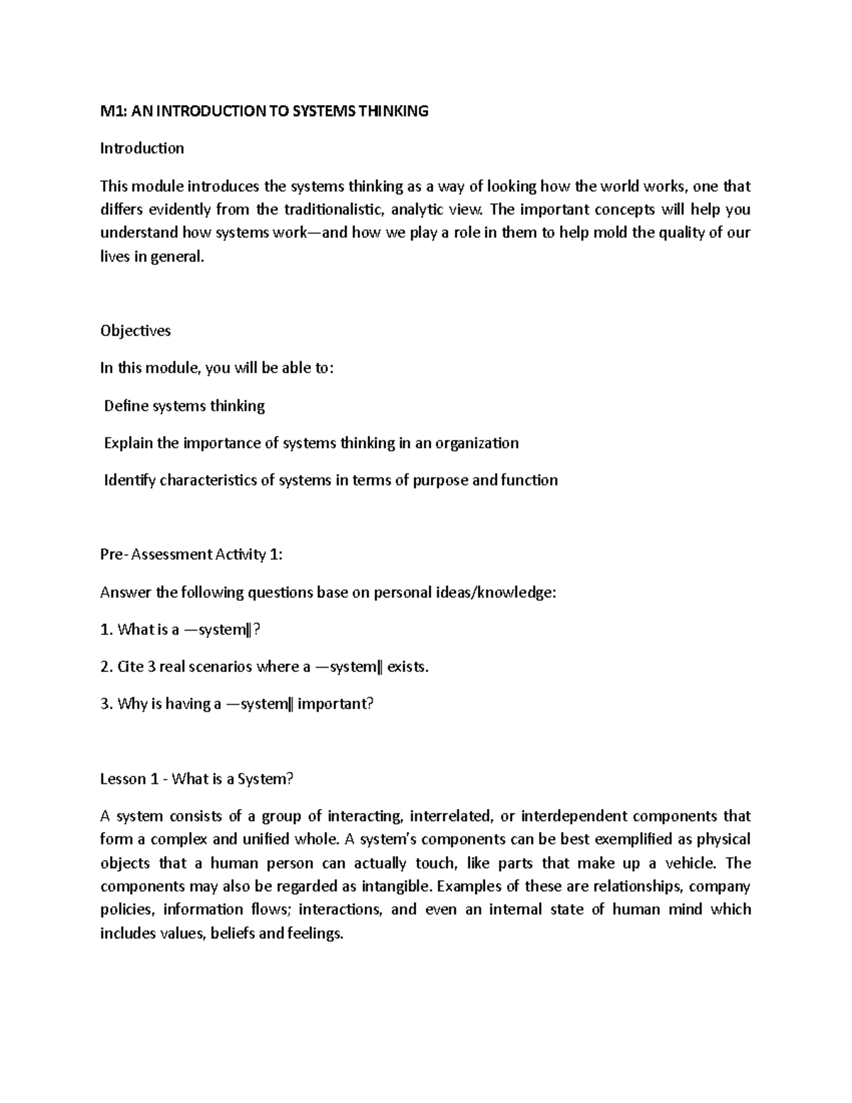Systems Thinking Lesson 1 to 4 ( Lecture Notes) - M1: AN INTRODUCTION ...