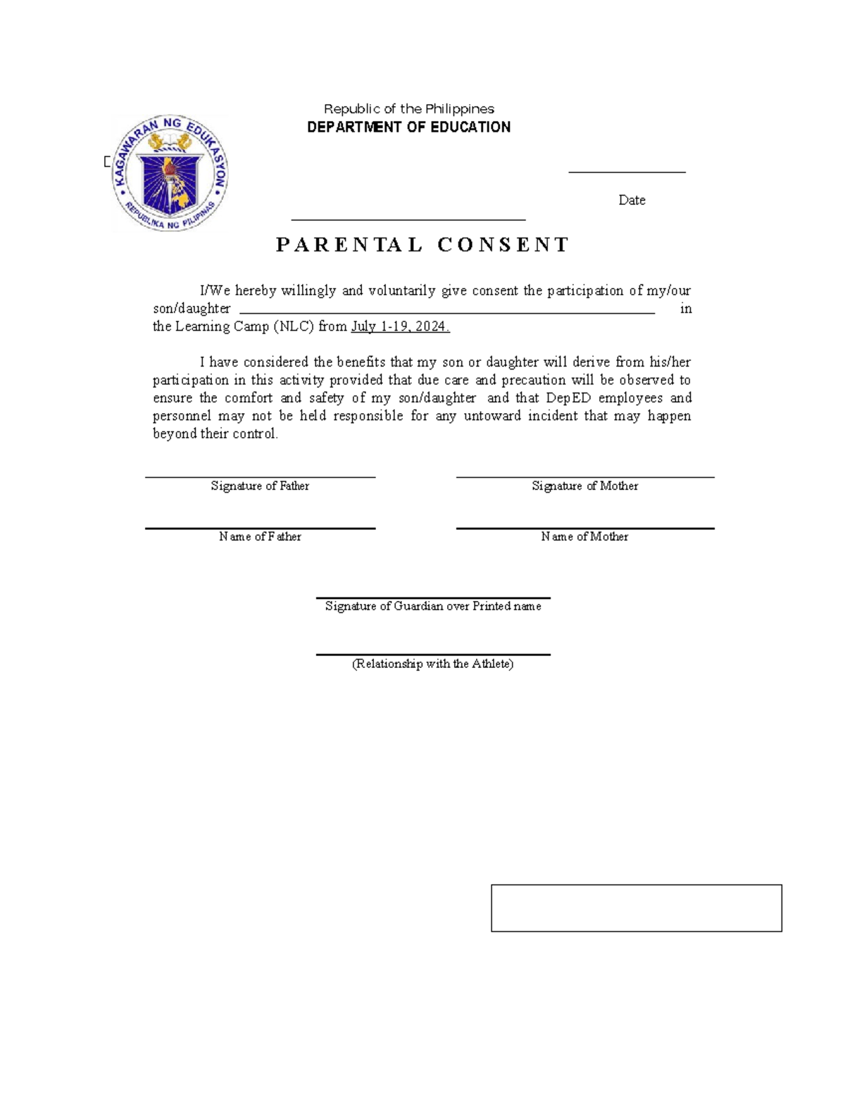 Parental Consent - Letter - Republic of the Philippines DEPARTMENT OF ...