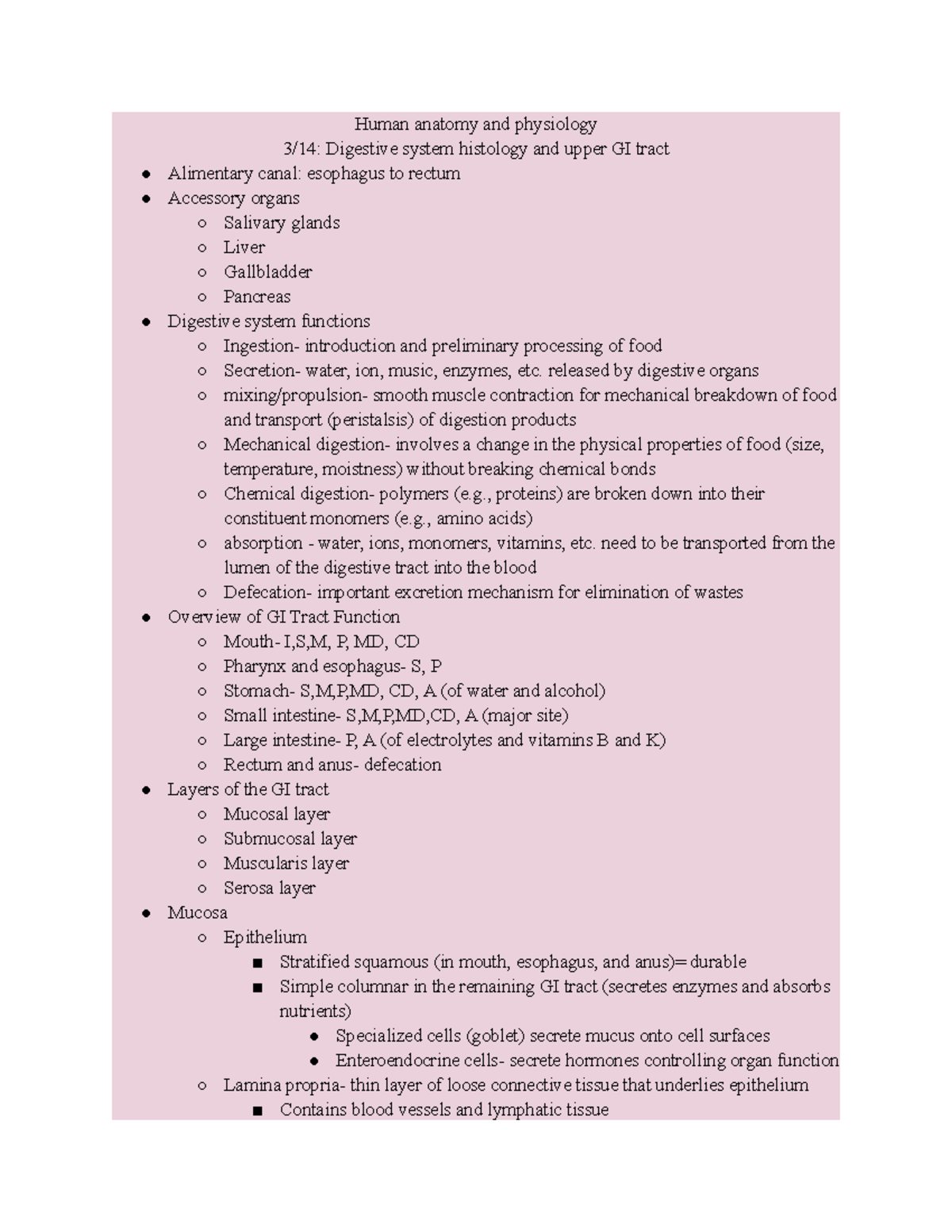 Digestive System Histology and Upper GI Tract Lecture notes - Human ...
