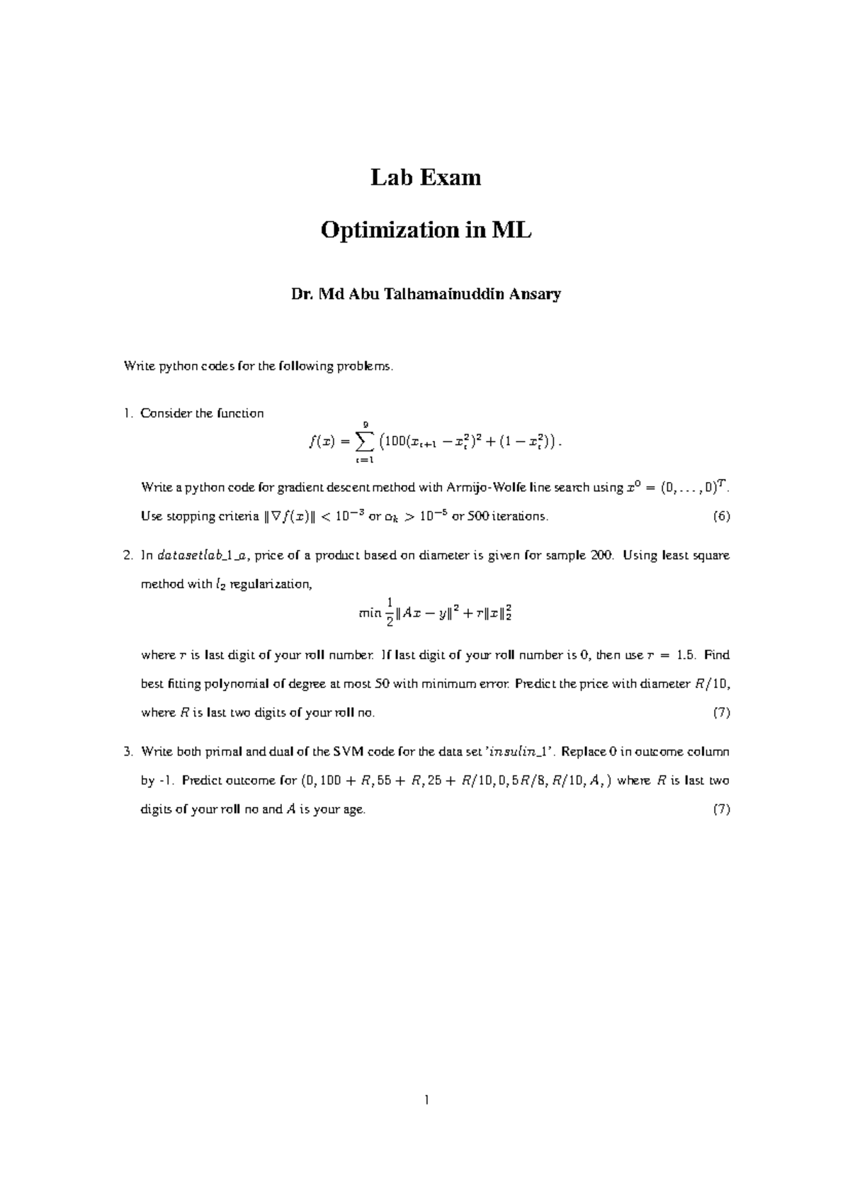 Lab test 1 - vvvvvvvv - Lab Exam Optimization in ML Dr. Md Abu ...