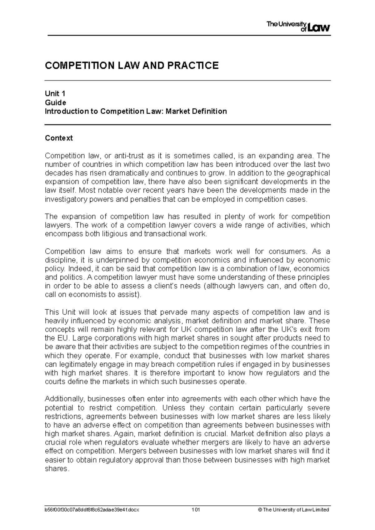 2122 comp ws01 ce01 guide - COMPETITION LAW AND PRACTICE Unit 1 Guide Introduction to ...