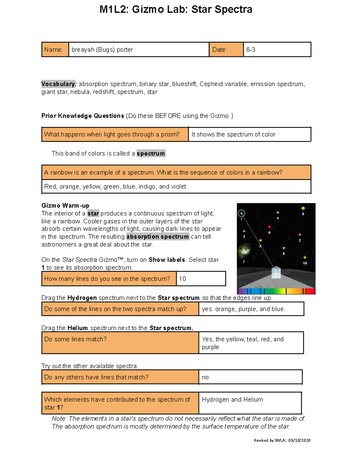 M1 L2 Gizmo Lab Star Spectra - Name: breayah (Bugs) porter Date: 6 ...