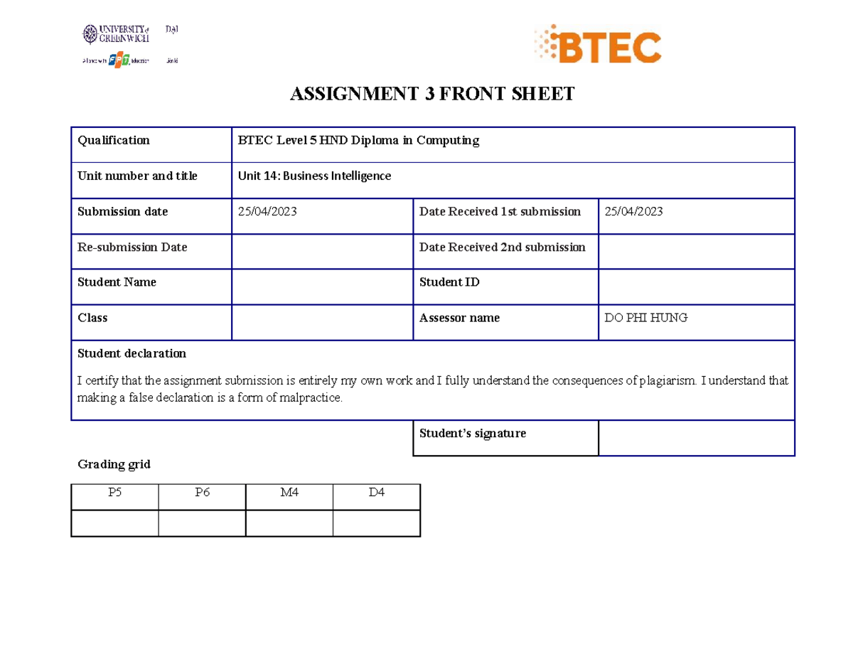 BI asm - asm - ASSIGNMENT 3 FRONT SHEET Qualification BTEC Level 5 HND Diploma in Computing Unit ...