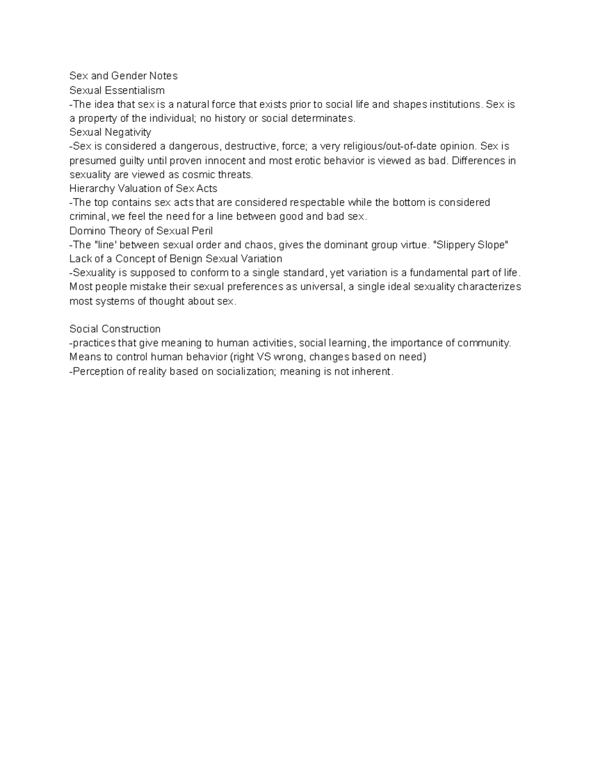 Sex And Gender Notes Sex And Gender Notes Sexual Essentialism The Idea That Sex Is A Natural