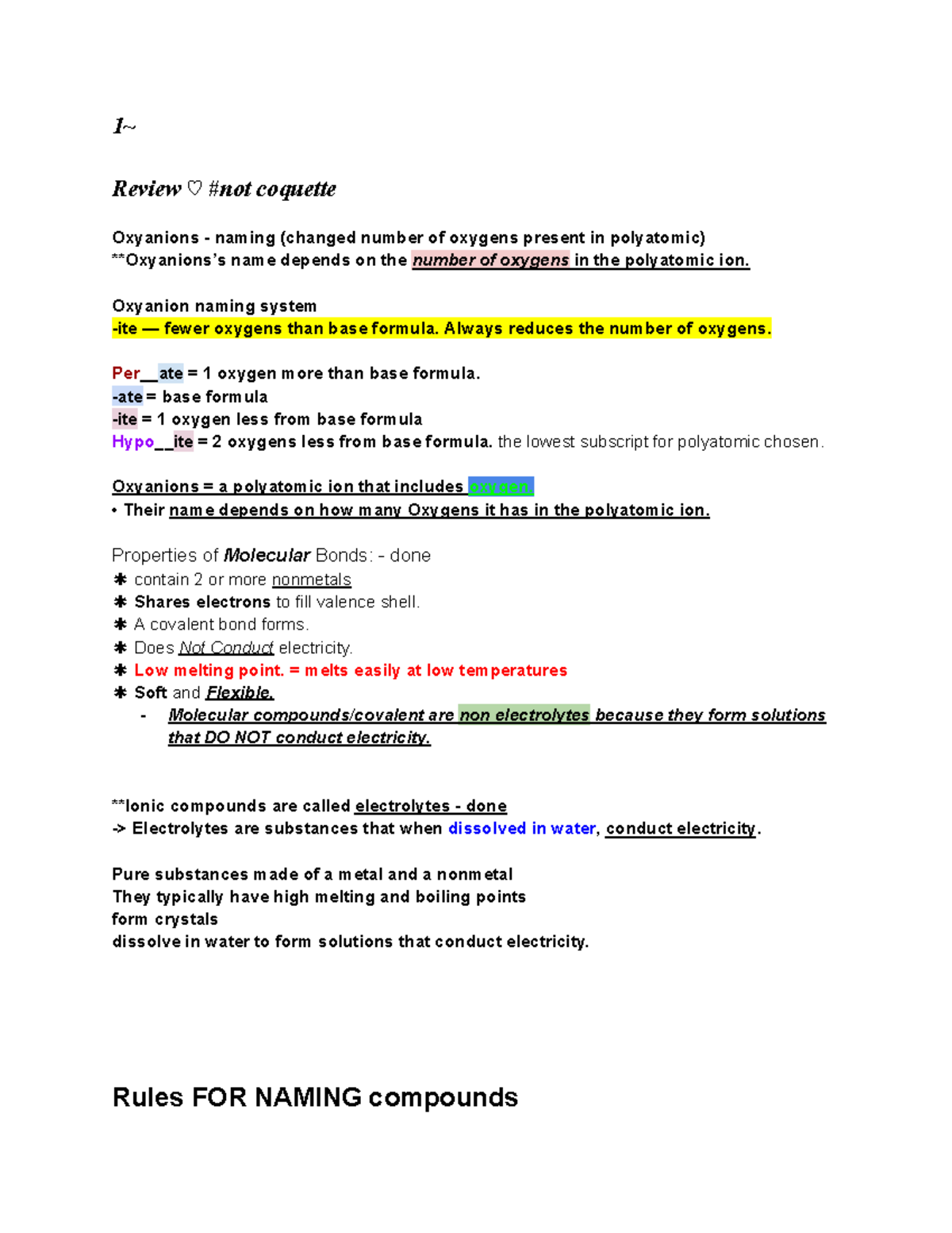 Science Test - 1~ Review ♡ #not coquette Oxyanions - naming (changed ...