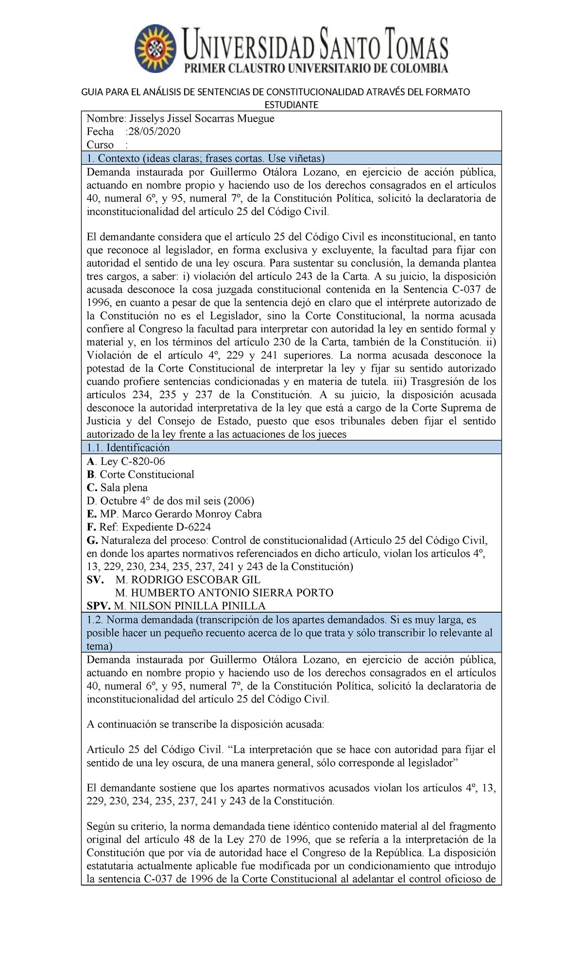 Análisis DE Sentencias DE Constitucionalidad Jisselys Jissel Socarras ...