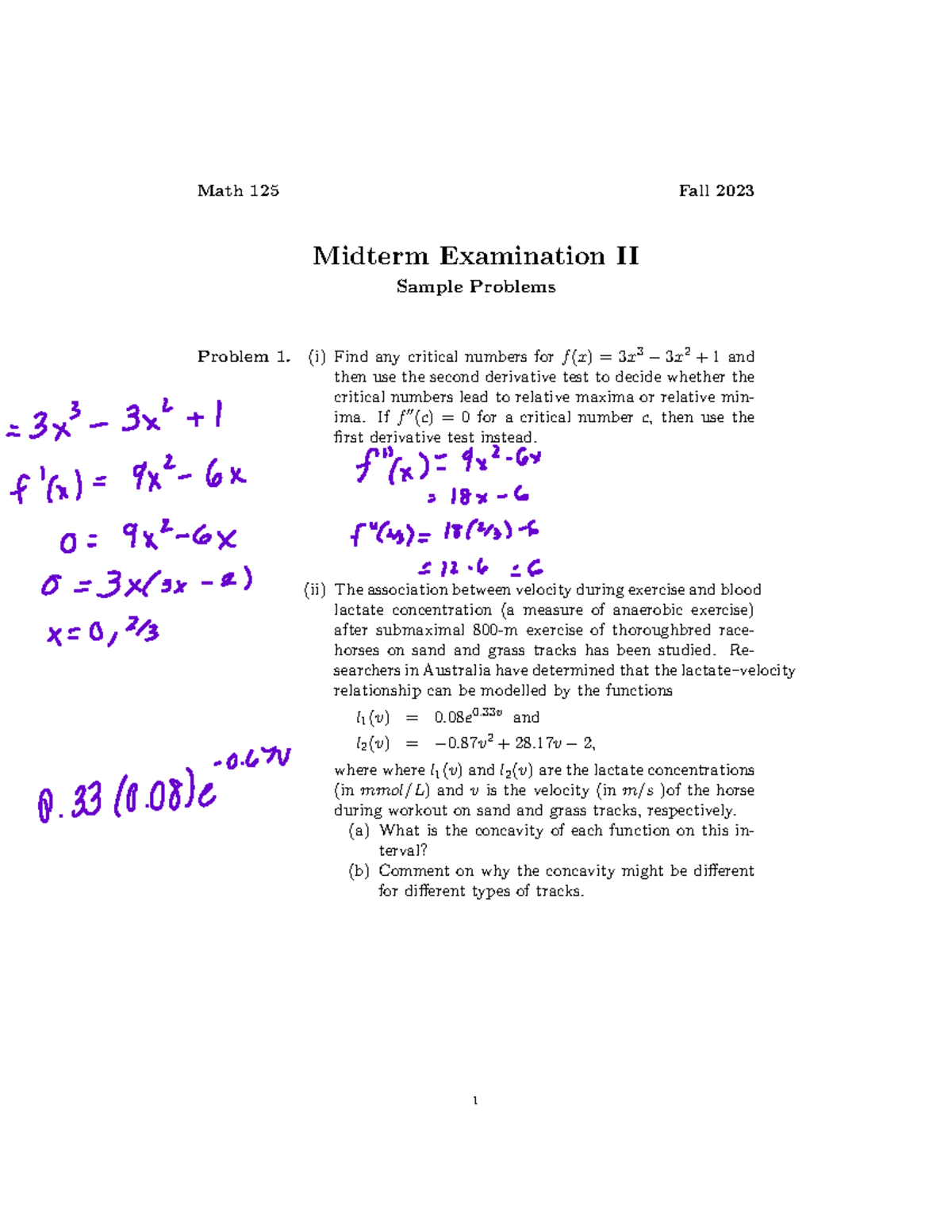 Math 125-Midterm 2-Sample Problems - Math 125 Fall 2023 Midterm Examination II Sample Problems ...