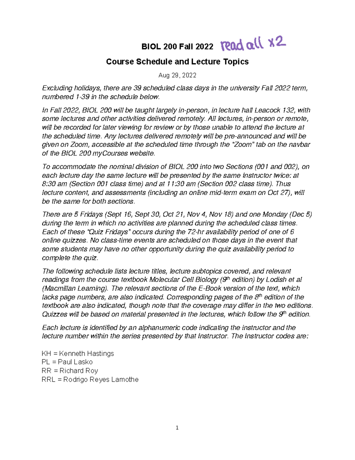 Fall 2022 lecture schedule - BIOL 200 Fall 2022 Course Schedule and Lecture Topics Aug 29, 2022 ...