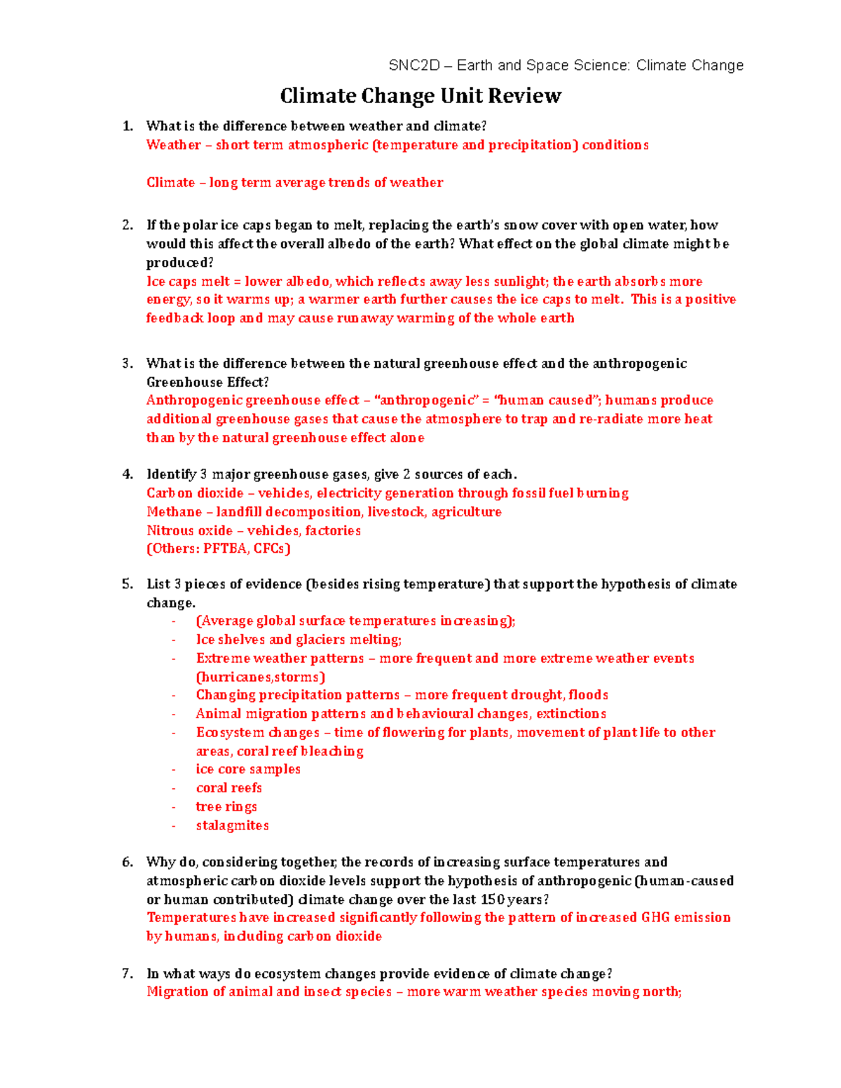 SNC2D Climate Change EXAM Review - SNC2D – Earth and Space Science ...