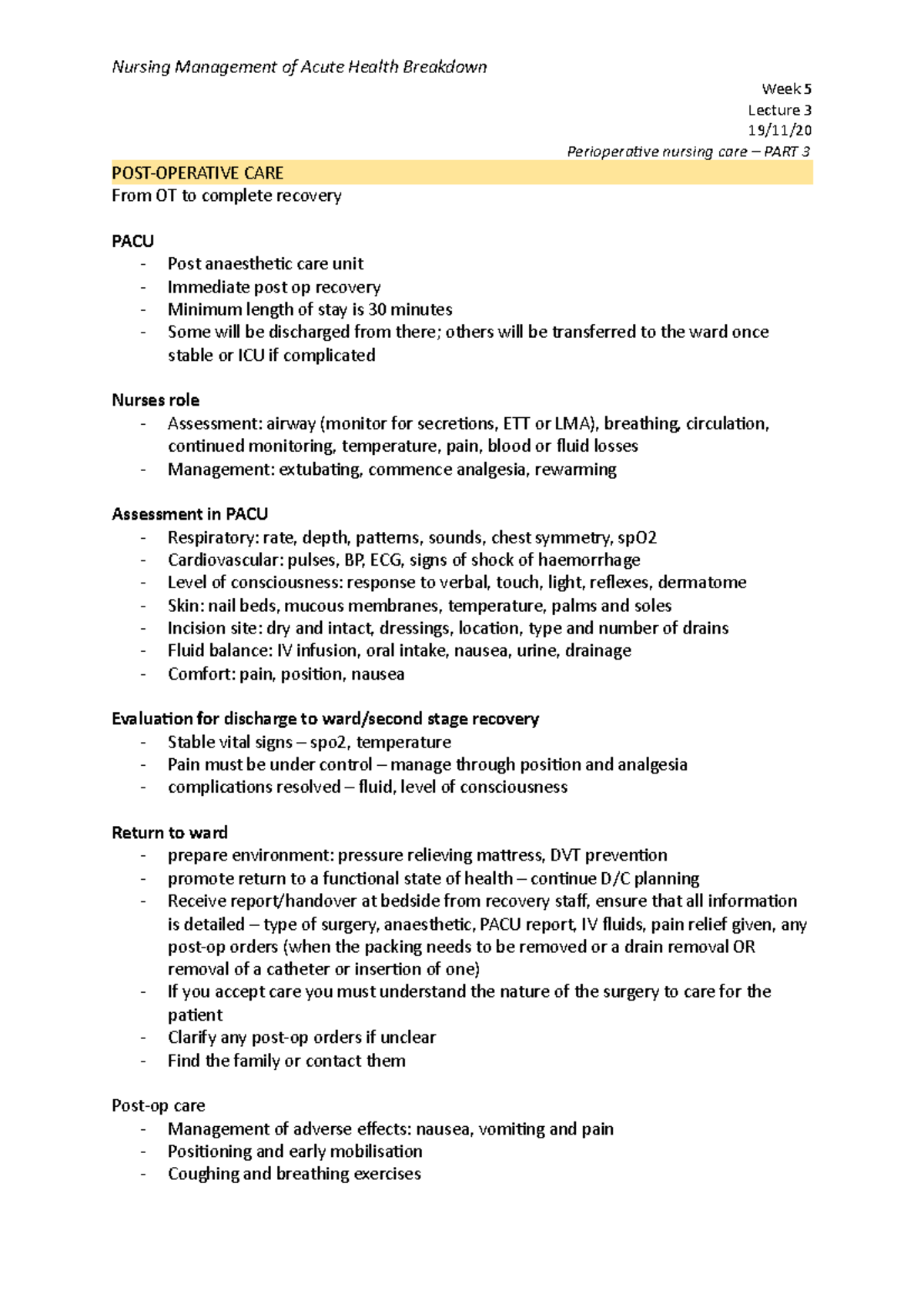 Week 5, Lecture 3 - Nursing Management of Acute Health Breakdown Week 5 ...