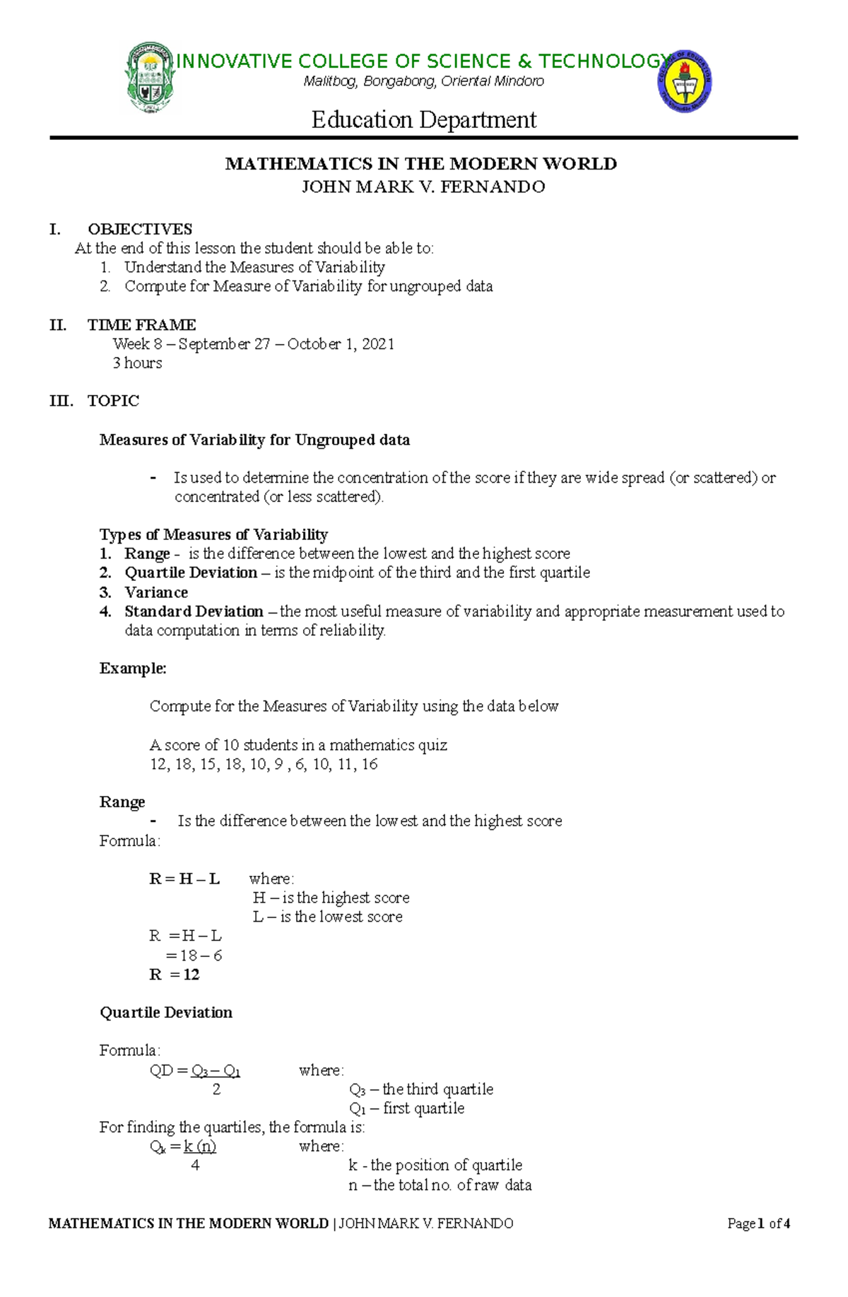 Introduction To Computing lectures - INNOVATIVE COLLEGE OF SCIENCE ...
