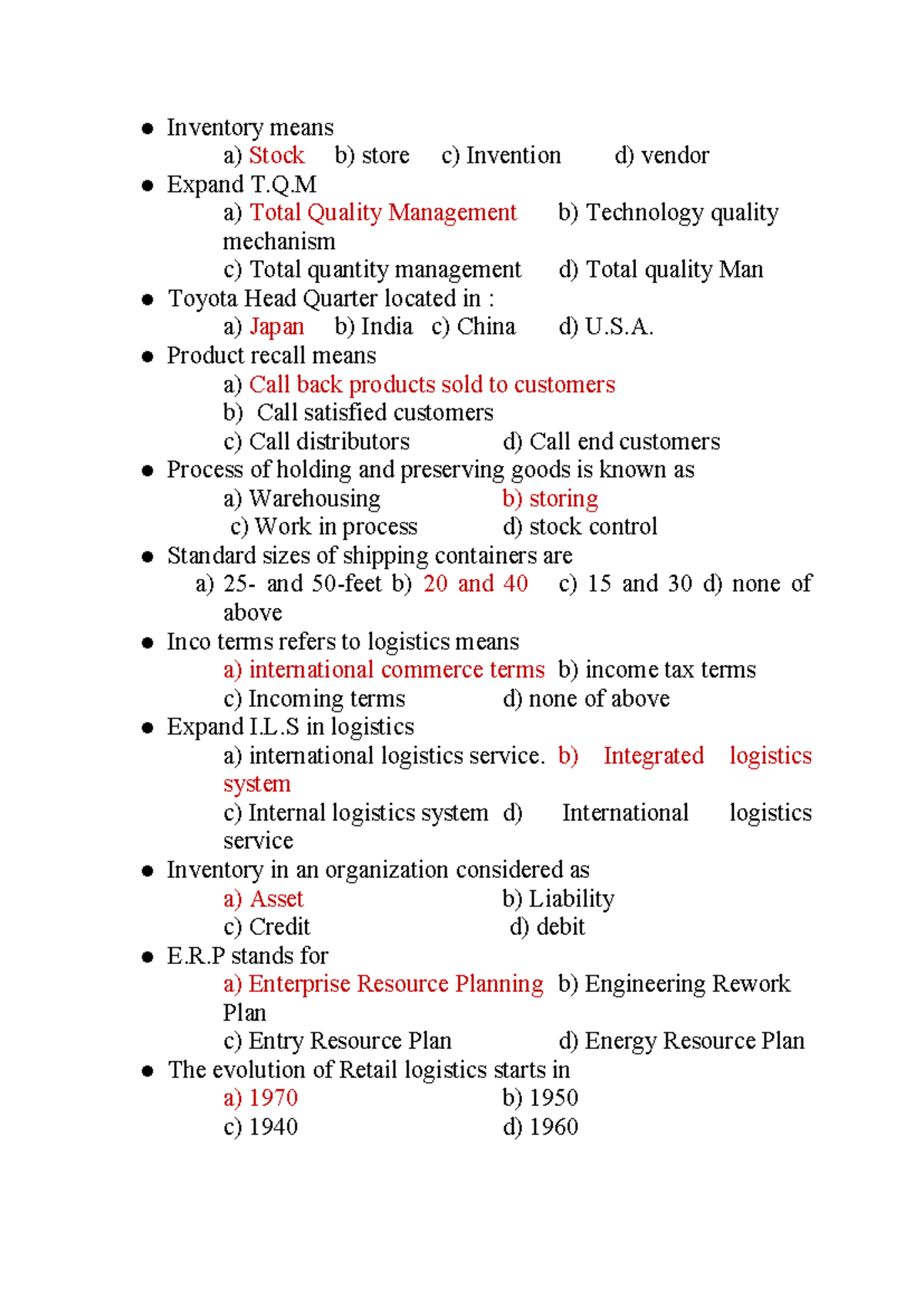 Logistics Important Questions AND Answers - Inventory means a) Stock b) store c) Invention d ...