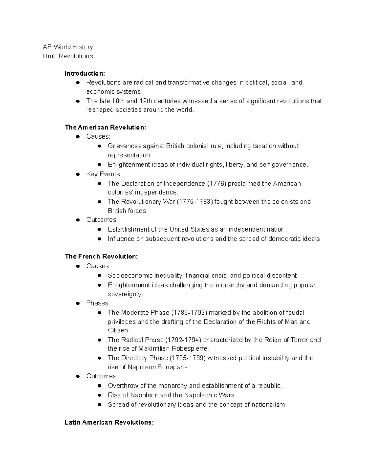 AP World History Revolutions - AP World History Unit: Revolutions ...