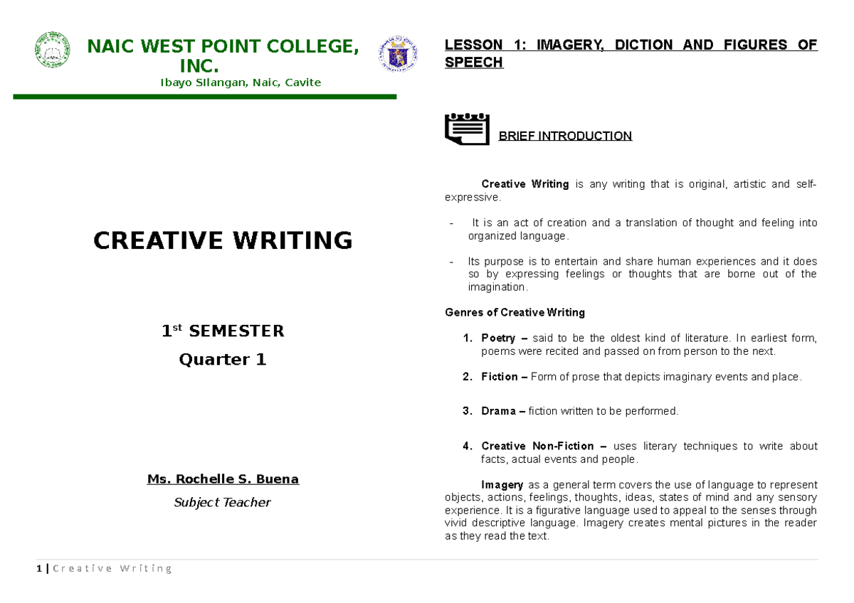 Creative Writing-Week 1-2 - NAIC WEST POINT COLLEGE, INC. Ibayo ...