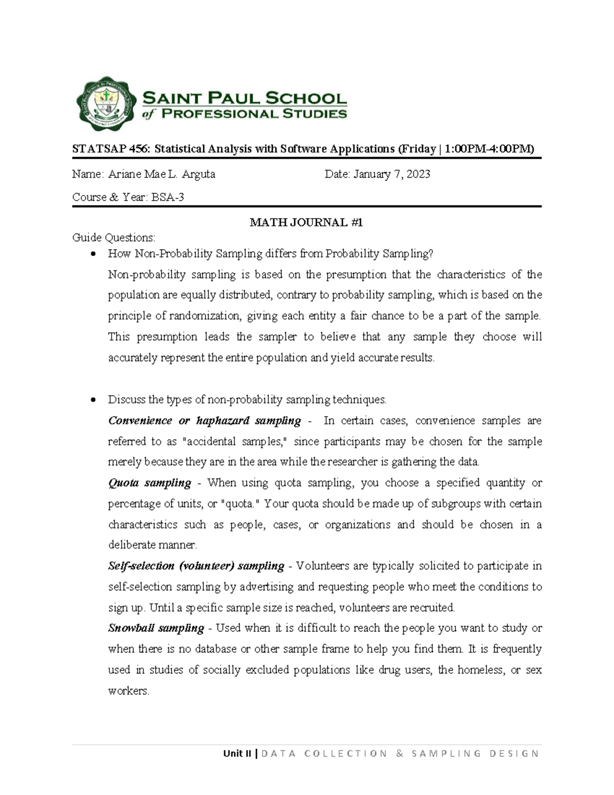Statsap 456 Math Journal 1 Arguta, Ariane Mae - Unit II | D A T A C O L ...