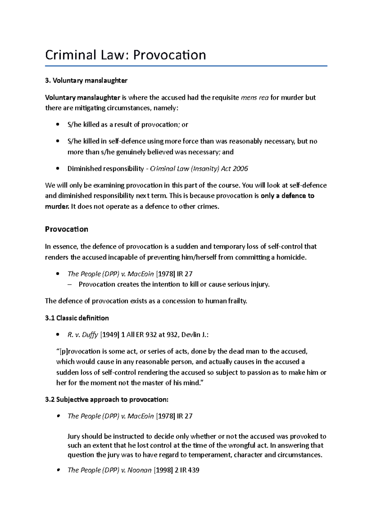 Provocation - Catherine O Sullivan - Criminal Law: Provocation ...