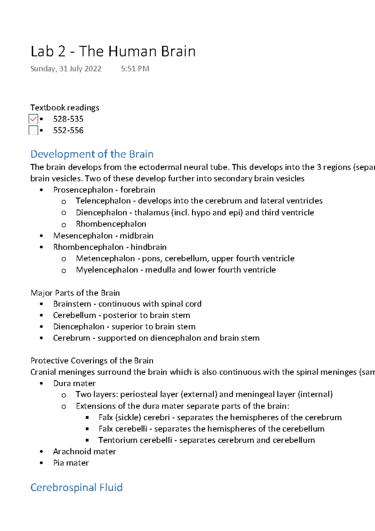 Lab 2 - The Human Brain - Textbook readings " 528- " 552- Development ...