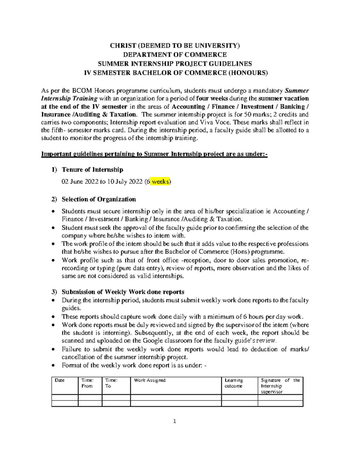 Summer Internship guidelins BCom H - 1 CHRIST (DEEMED TO BE UNIVERSITY ...