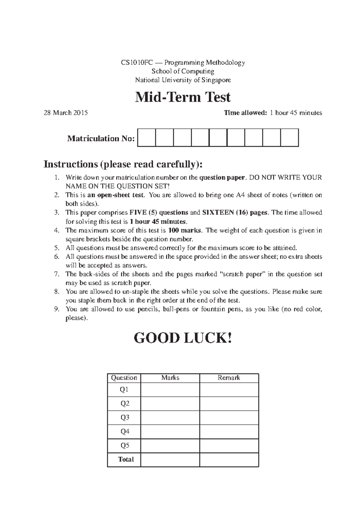 Cs1010fc-midterm-mar15 - CS1010FC — Programming Methodology School of ...