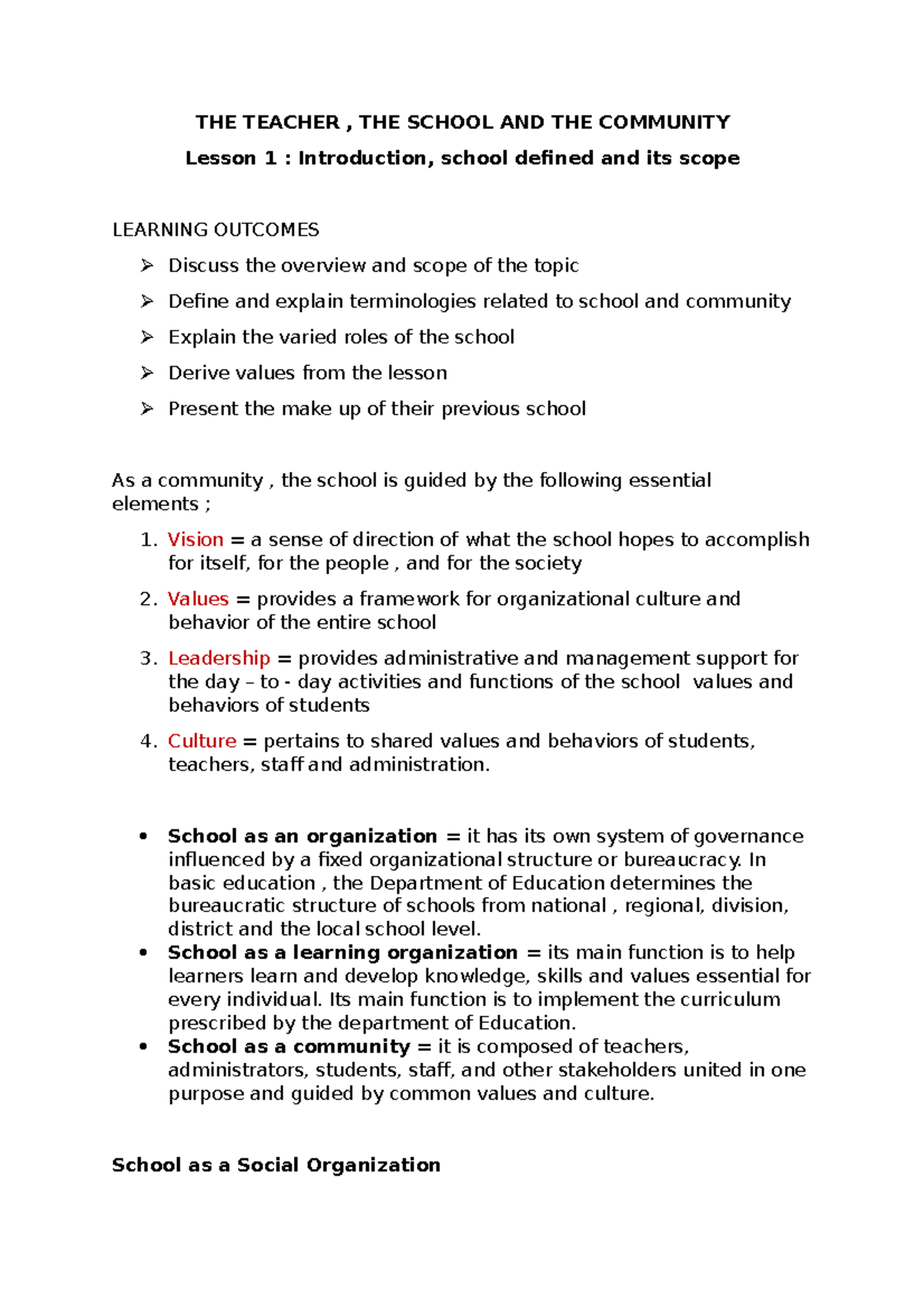 Lesson 1 Introduction, school defined and its scope - THE TEACHER , THE ...
