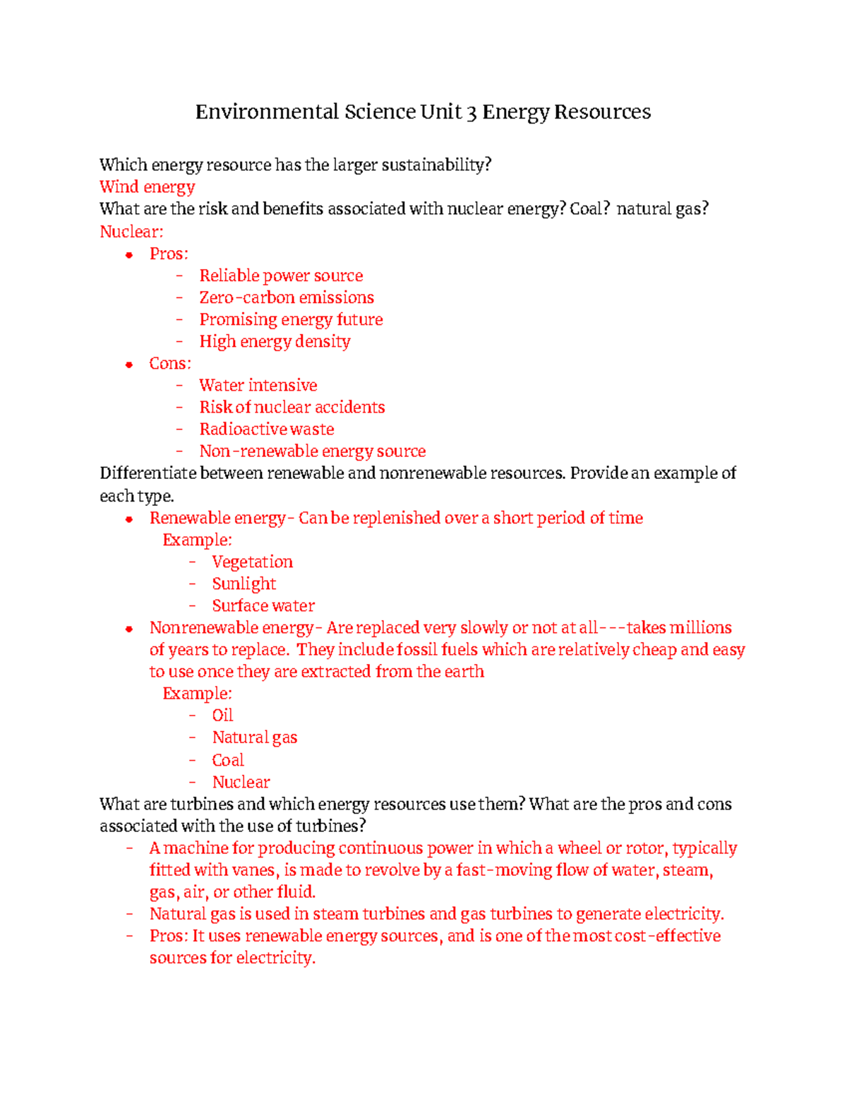 Environmental Science Unit 3 Energy Resources - Environmental Science ...