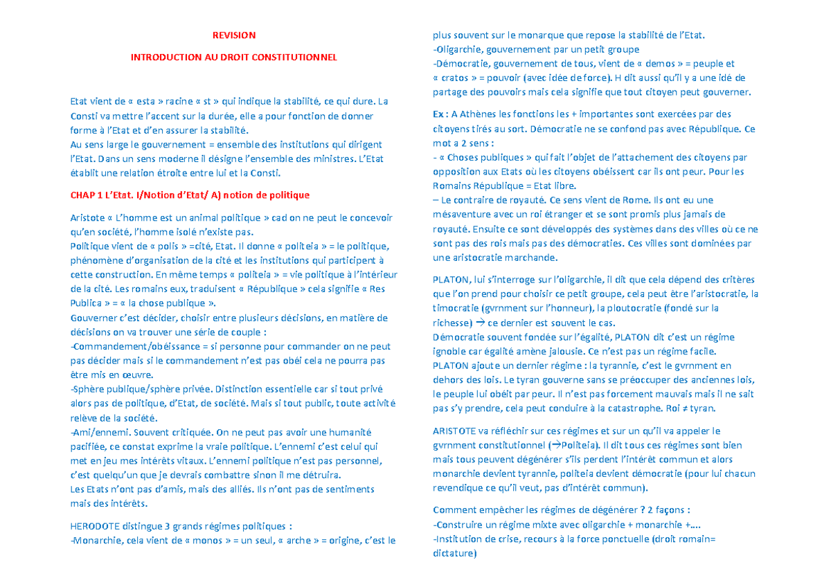 Révision Introduction Droit Constitutionnel - Warning: TT: undefined function: 32 REVISION - Studocu