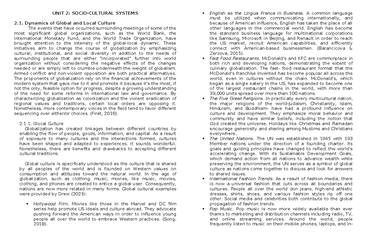 UNIT 2 Socio-cultural Systems - UNIT 2: SOCIO-CULTURAL SYSTEMS 2 ...
