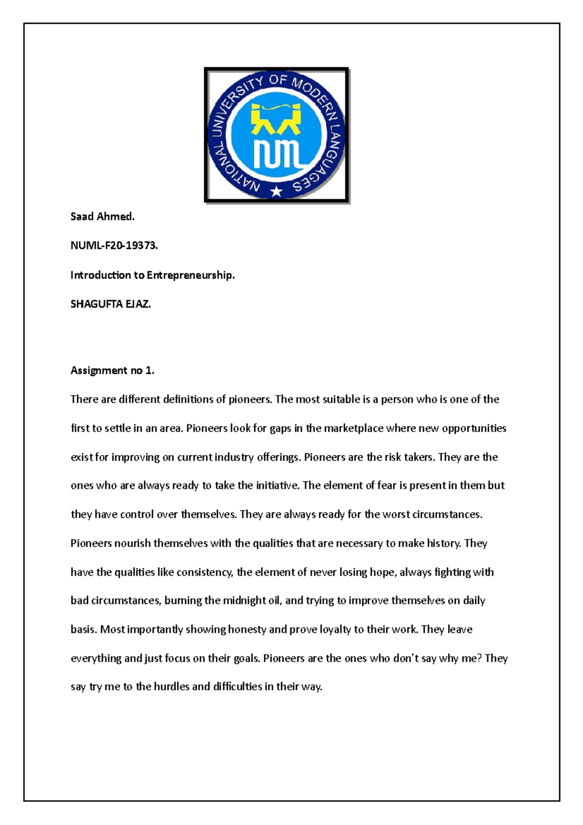 Assignment 1 of ITE - case study - Saad Ahmed. NUML-F20-19373. Introduction to Entrepreneurship ...