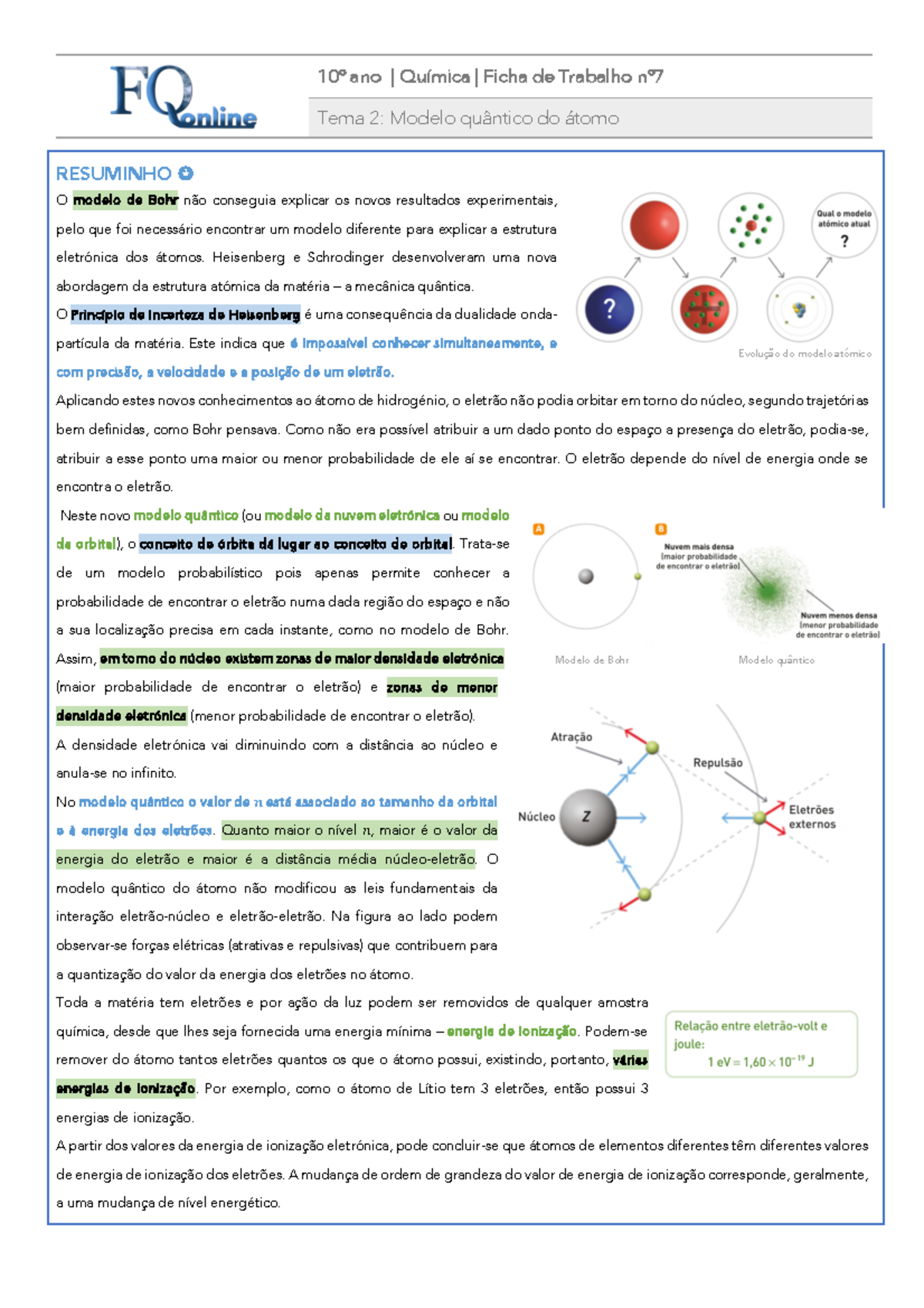 Ficha sobre o modelo quantico de bohr - RESUMINHO J O modelo de Bohr ...