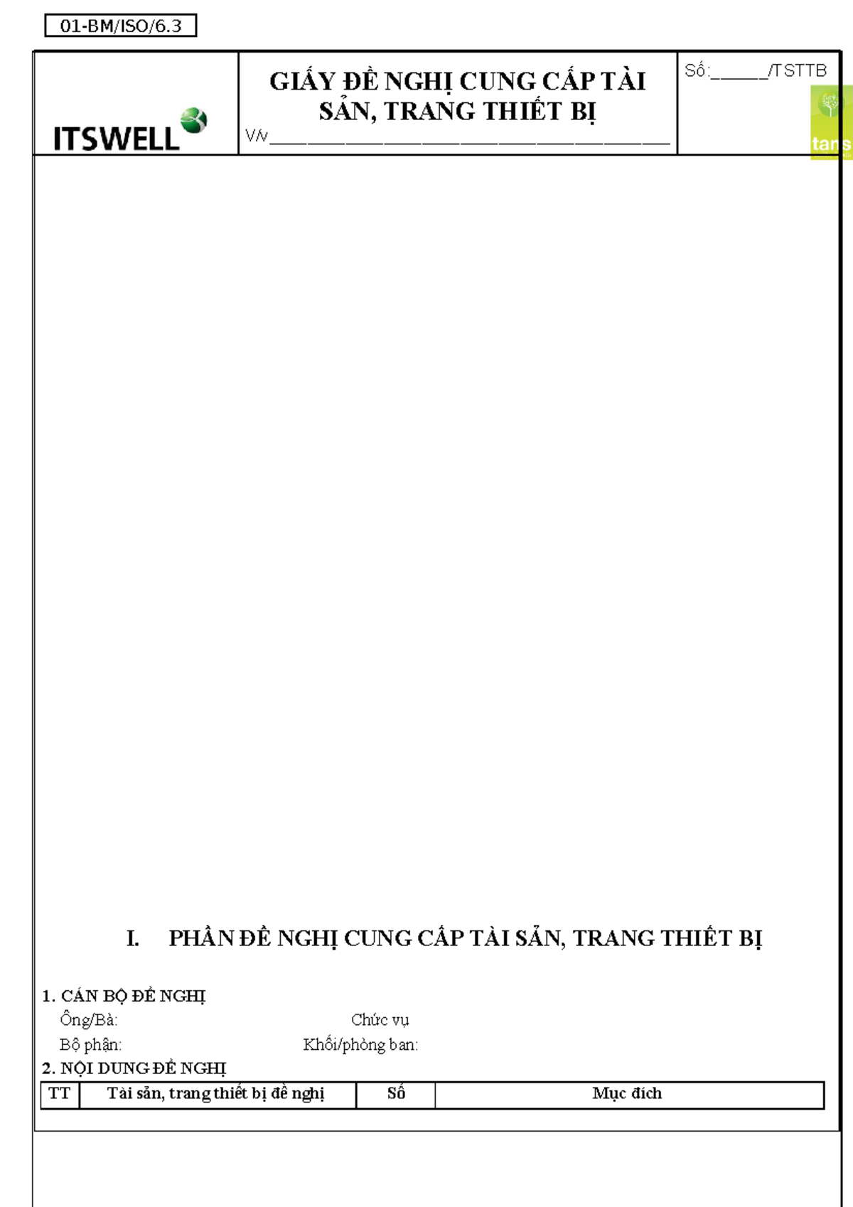 Form yeu cau - ban giao tai san - V-1 - GIẤY ĐỀ NGHỊ CUNG CẤP TÀI SẢN ...