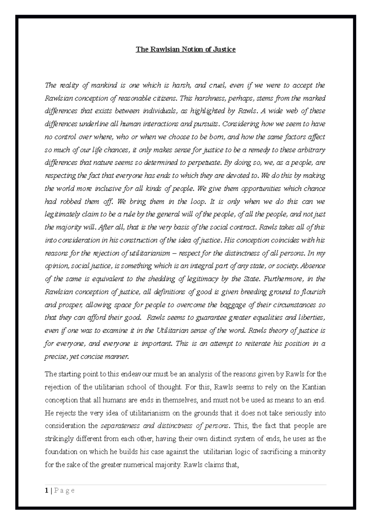 A Rawlsian Reiteration - The Rawlsian Notion of Justice The reality of ...