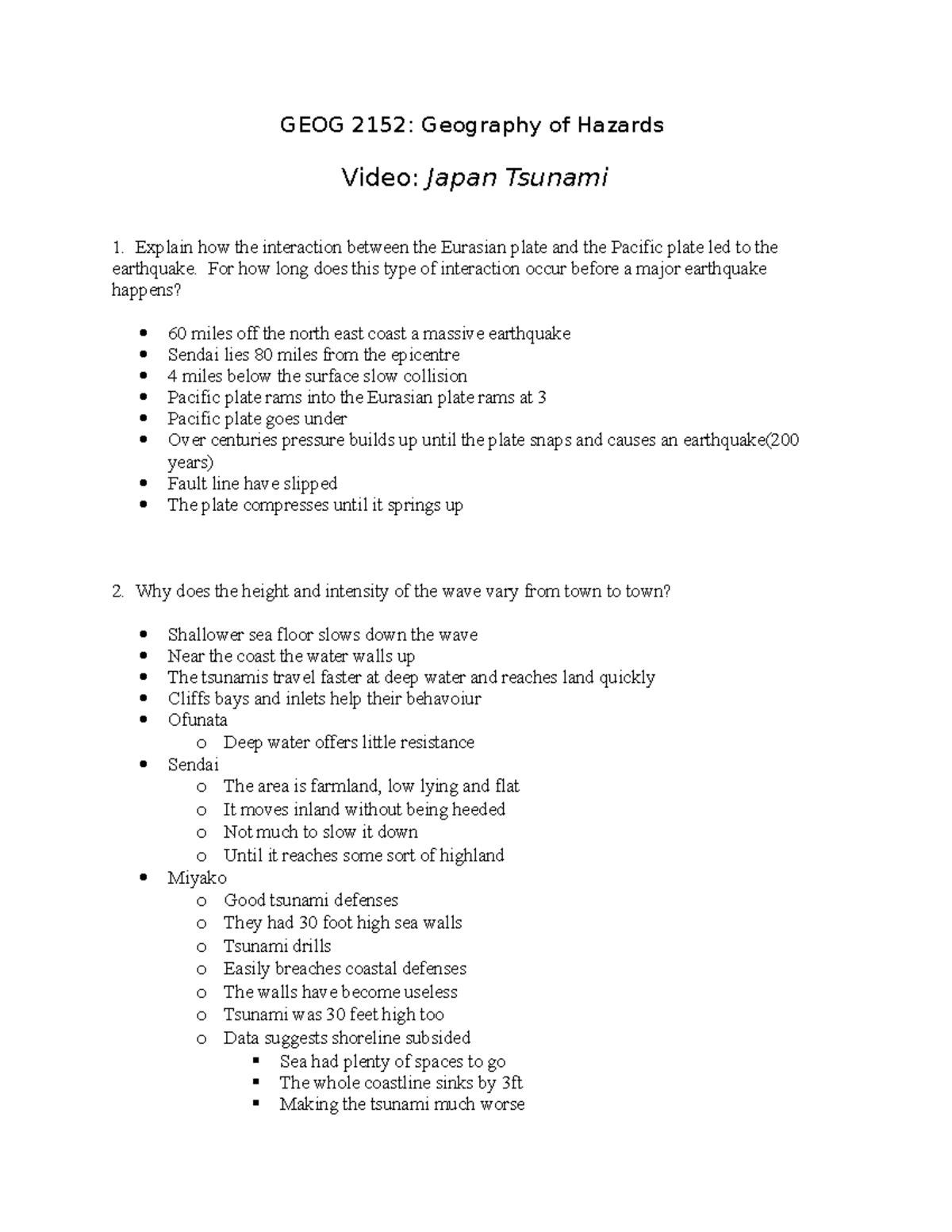 Video Questions - Japan Tsunami - GEOG 2152: Geography of Hazards Video ...
